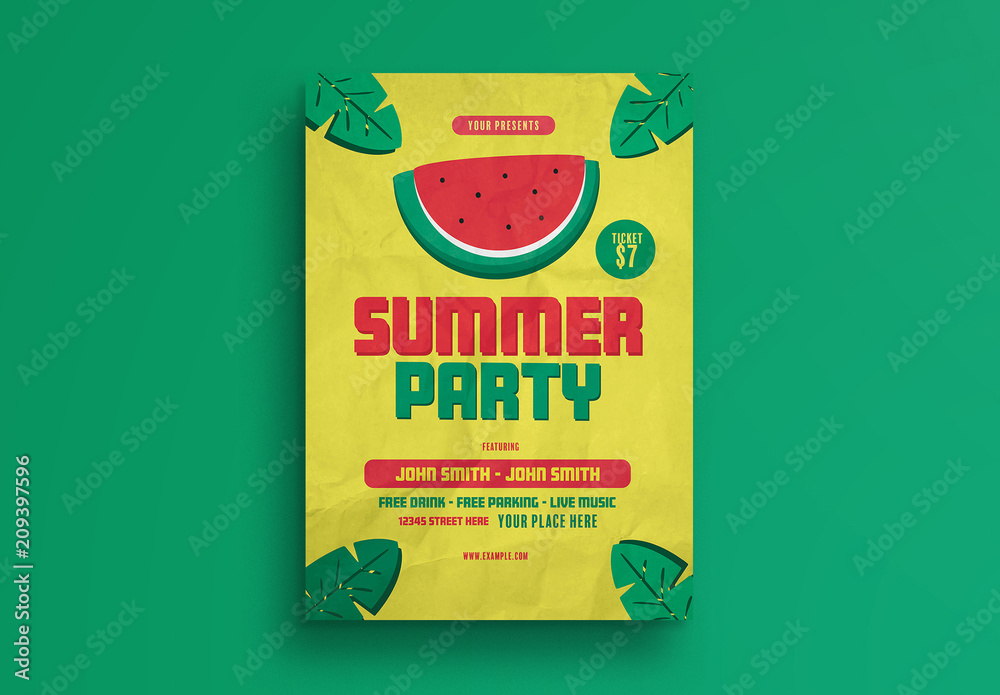 Summer Party Flyer Layout with Watermelon Illustration Stock Template ...