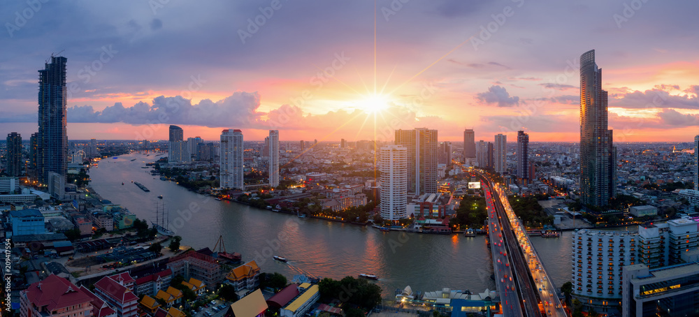 Aerial view of Bangkok modern office buildings, condominium, living ...