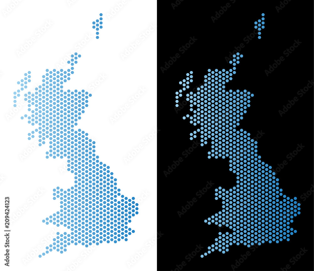 Honeycomb Great Britain map. Vector geographic plan in light blue color ...