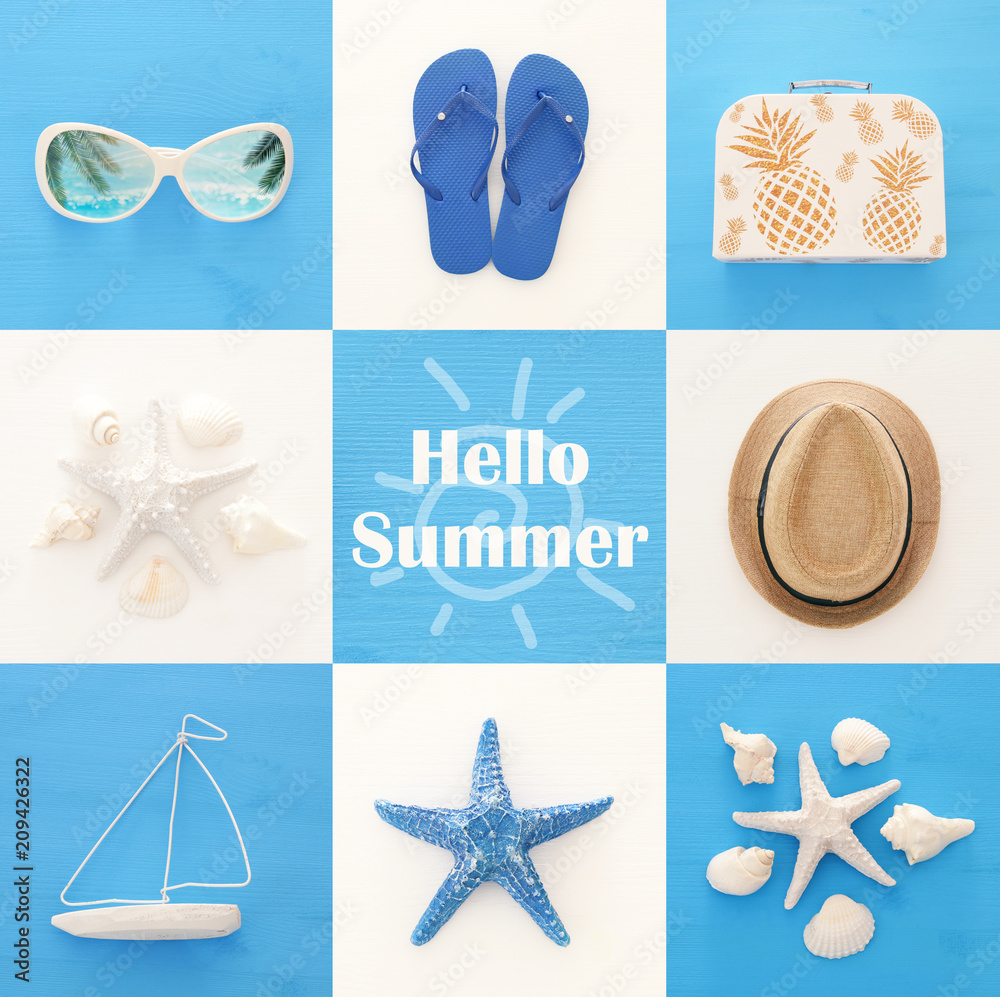 nautical collage with sea life style objects over blue and white wooden ...