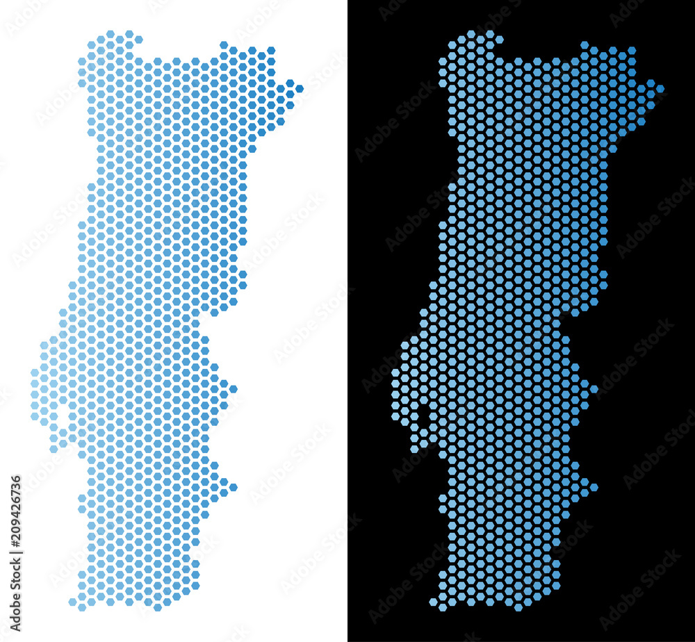 Hex Tile Portugal map. Vector geographic scheme in light blue color ...