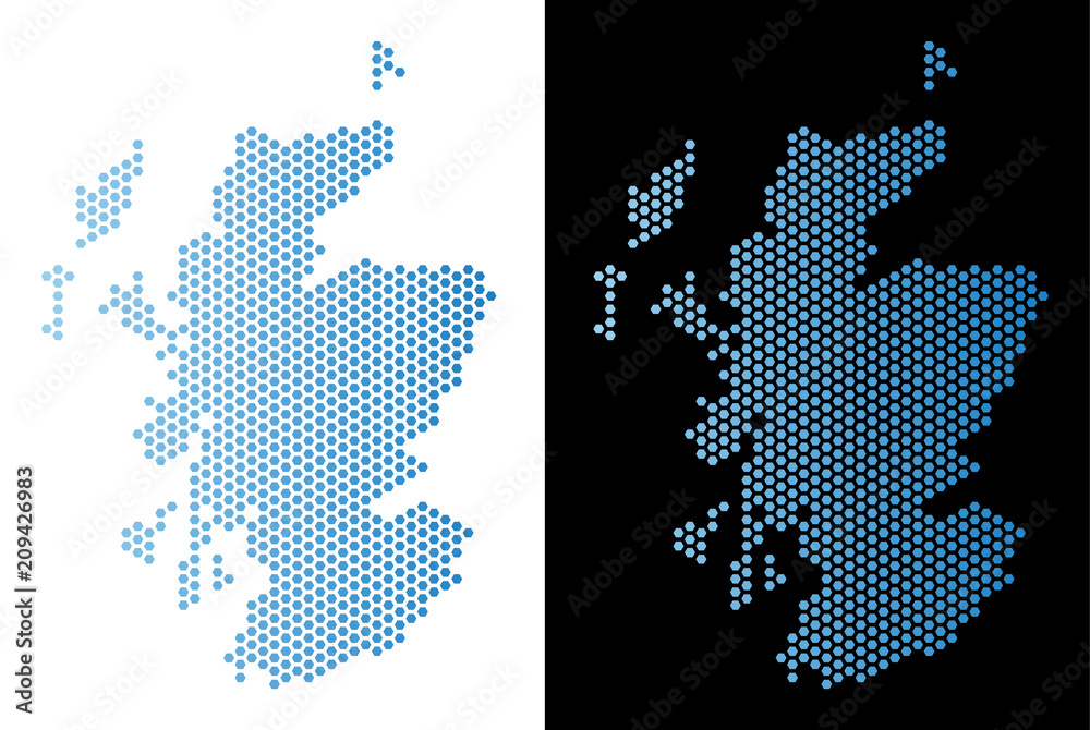 Hex-Tile Scotland map. Vector territorial plan in light blue color with ...