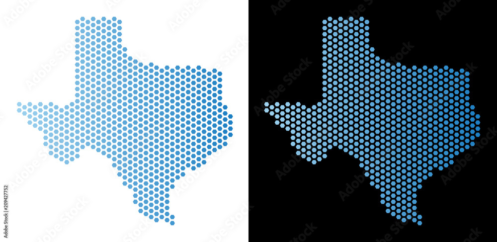 Hexagon Texas map. Vector geographic scheme in light blue color with ...