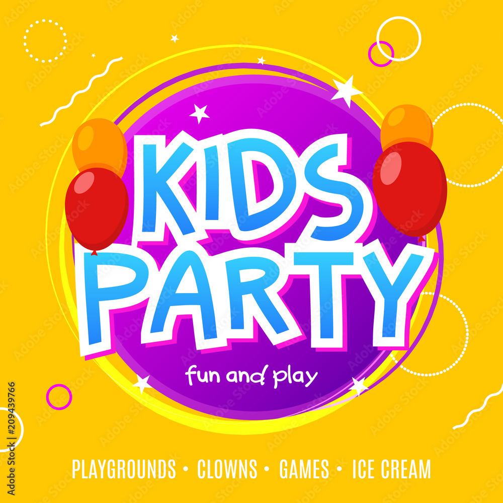 Kids fun party celebration flyer design template. Child event banner ...