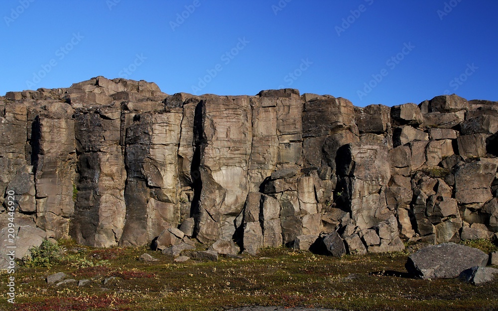 Pared de columnas basálticas de origen volcánico en Islandia. Stock ...
