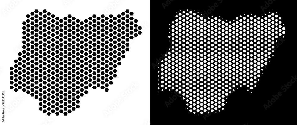 Hex-Tile Nigeria map. Vector territorial plan in black and white ...