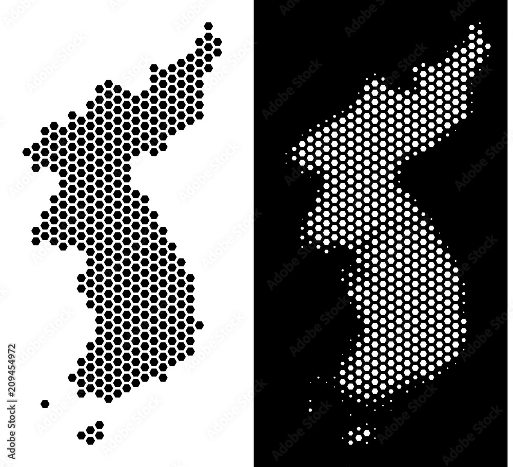 Hexagonal North and South Korea map. Vector territorial plan in black ...
