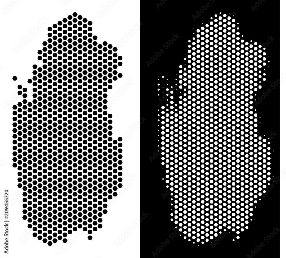 Hexagonal Qatar map. Vector geographic plan in black and white versions ...