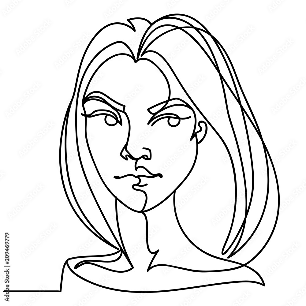 Angry Woman One Line Art Portrait. Unhappy Female Facial Expression ...