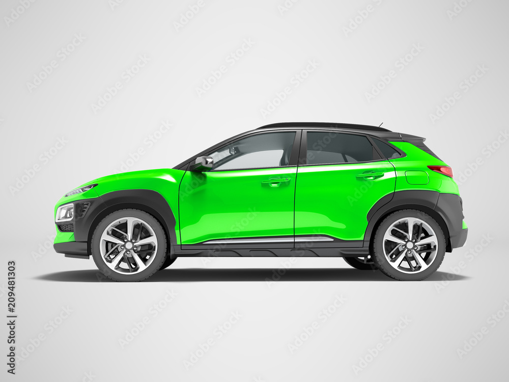 Modern green car crossover side view 3d render on gray background with ...