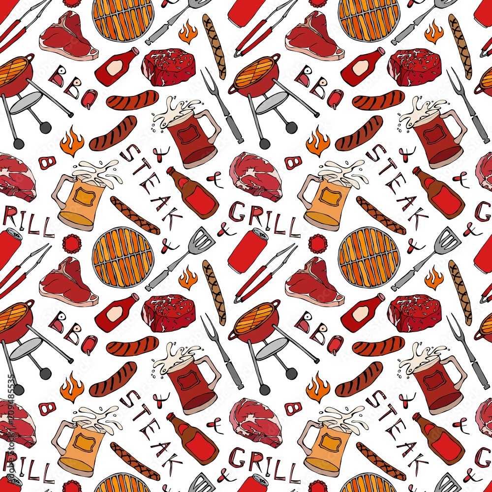 Seamless Pattern of Summer BBQ Grill Party. Steak, Sausage, Barbeque ...