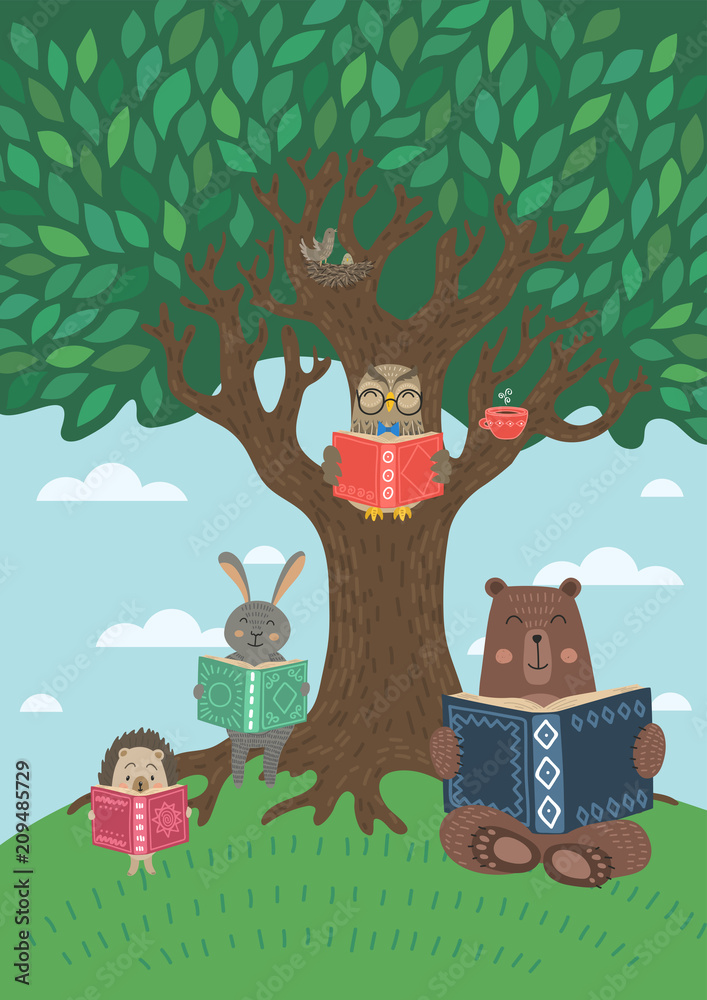 Clever animals reading books near tree. Owl, bear, rabbit and hedgehog ...