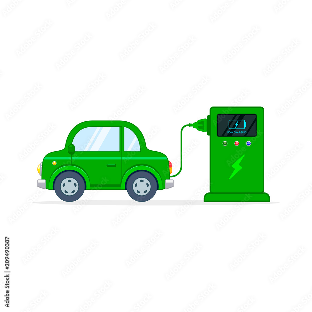 Electric Car charging at the charger station, Vector isolated cartoon ...