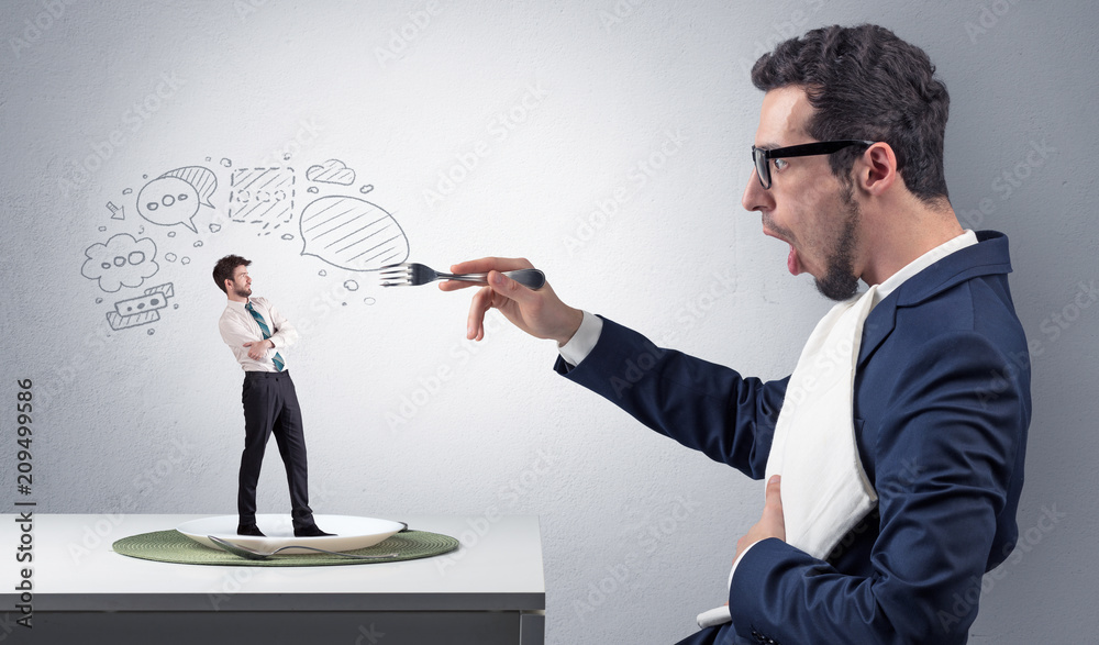 Big businessman want to eat small man with cloud messages above his ...