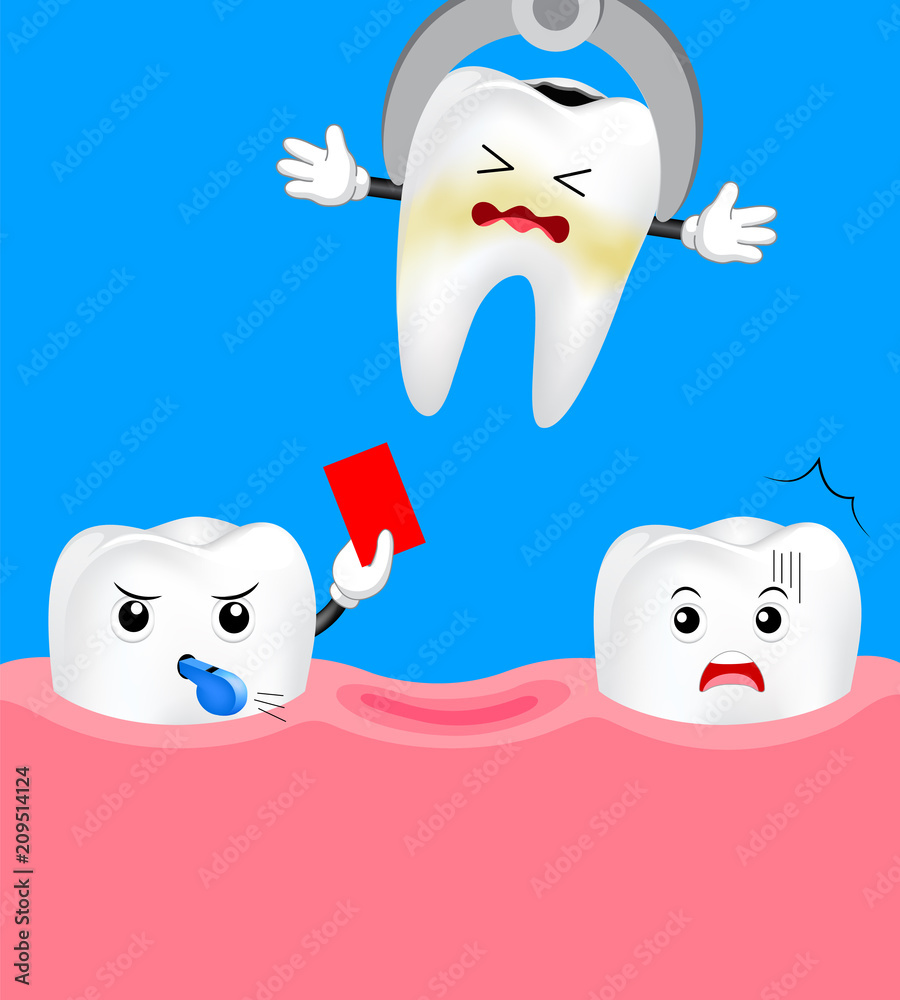 Cute cartoon tooth referee giving red card. Tooth dental extraction ...