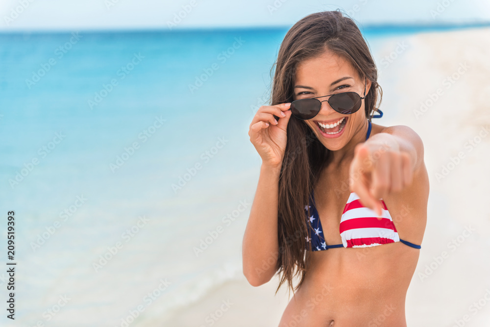 Sexy American Asian Woman Wearing Usa Flag Bikini Swimsuit Clothing For