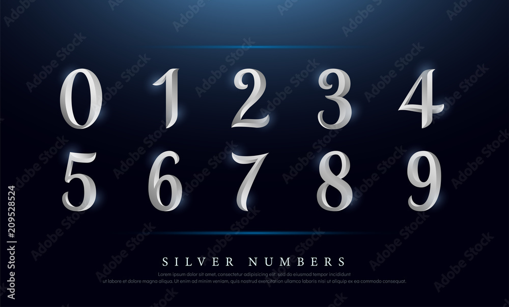 Elegant Numbers Silver Colored Metal Chrome alphabet font. Number ...