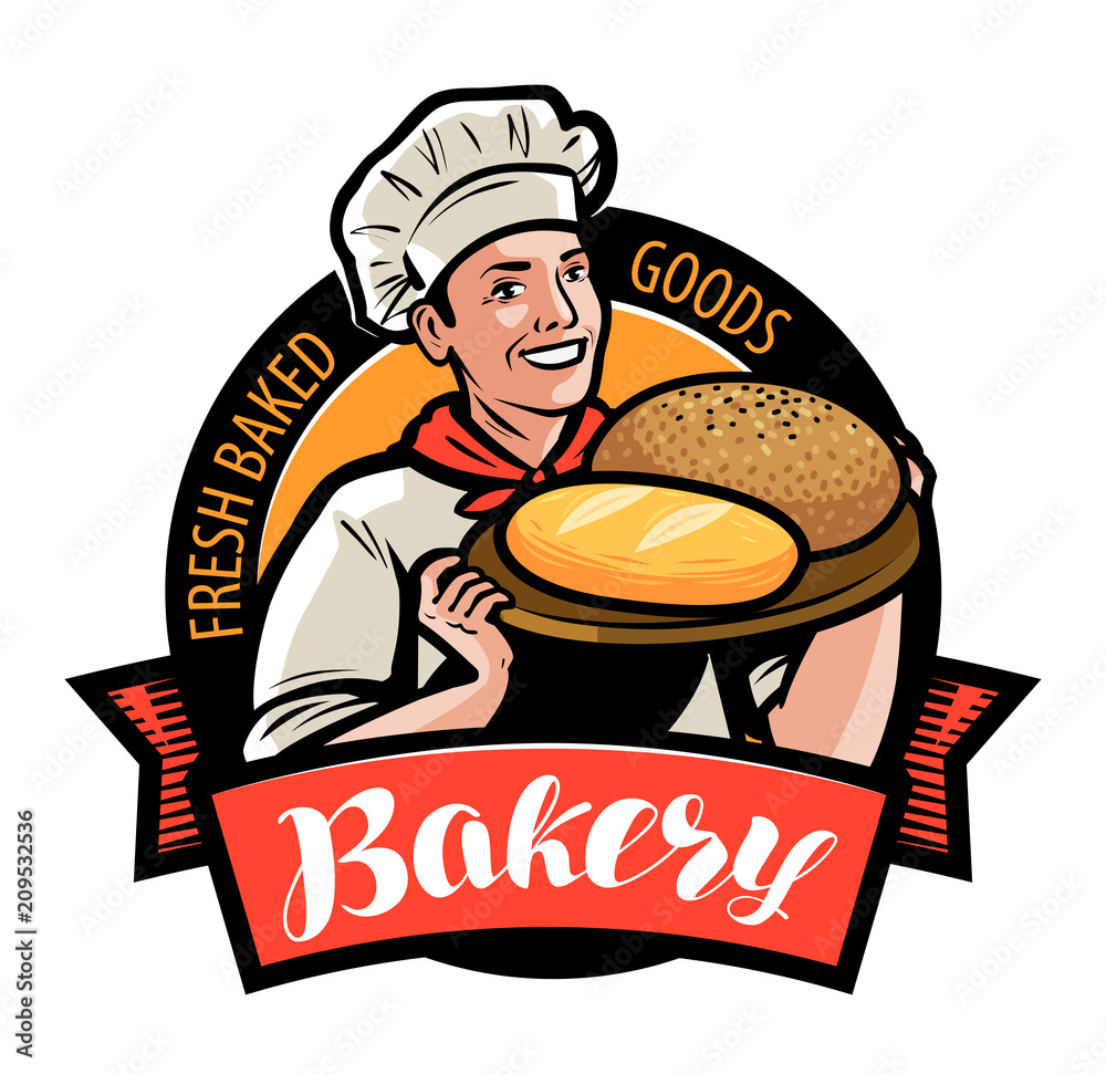 Bakery, bakehouse logo or label. Happy baker or cook with bread in hand ...