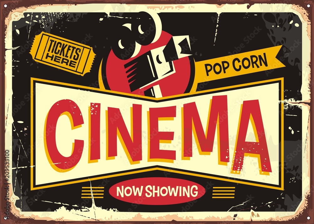 Cinema retro tin sign vector design template. Vintage entertainment ...