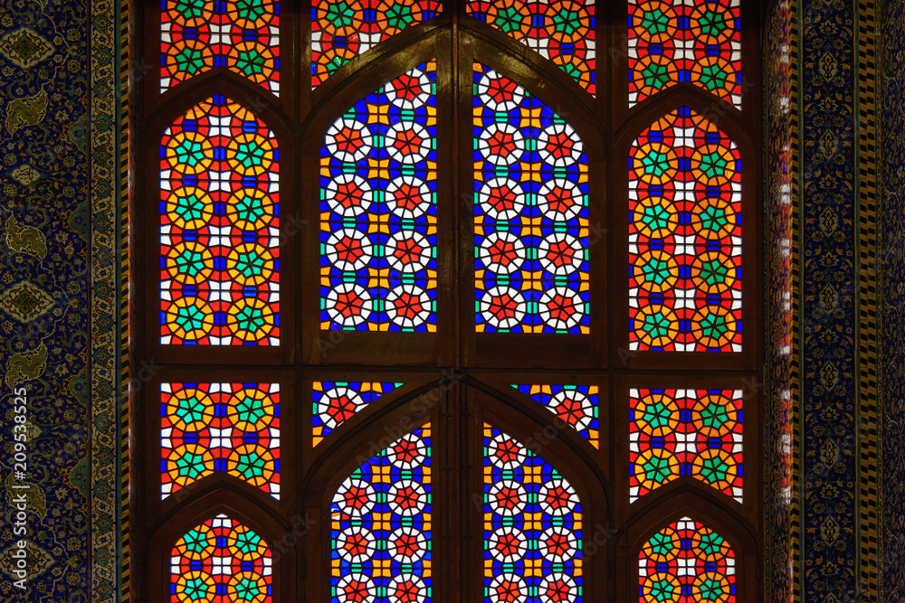 Colorful stained glass window of Hazireh Mosque in Yazd. Iran Stock ...
