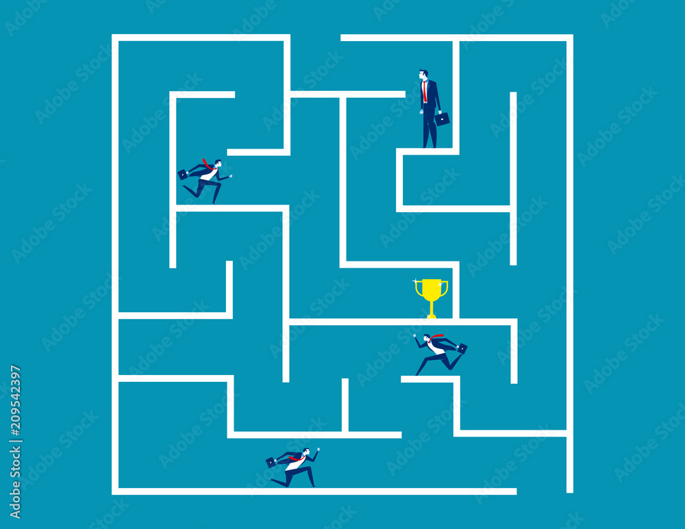 Business team and partnership running and navigating maze to success ...