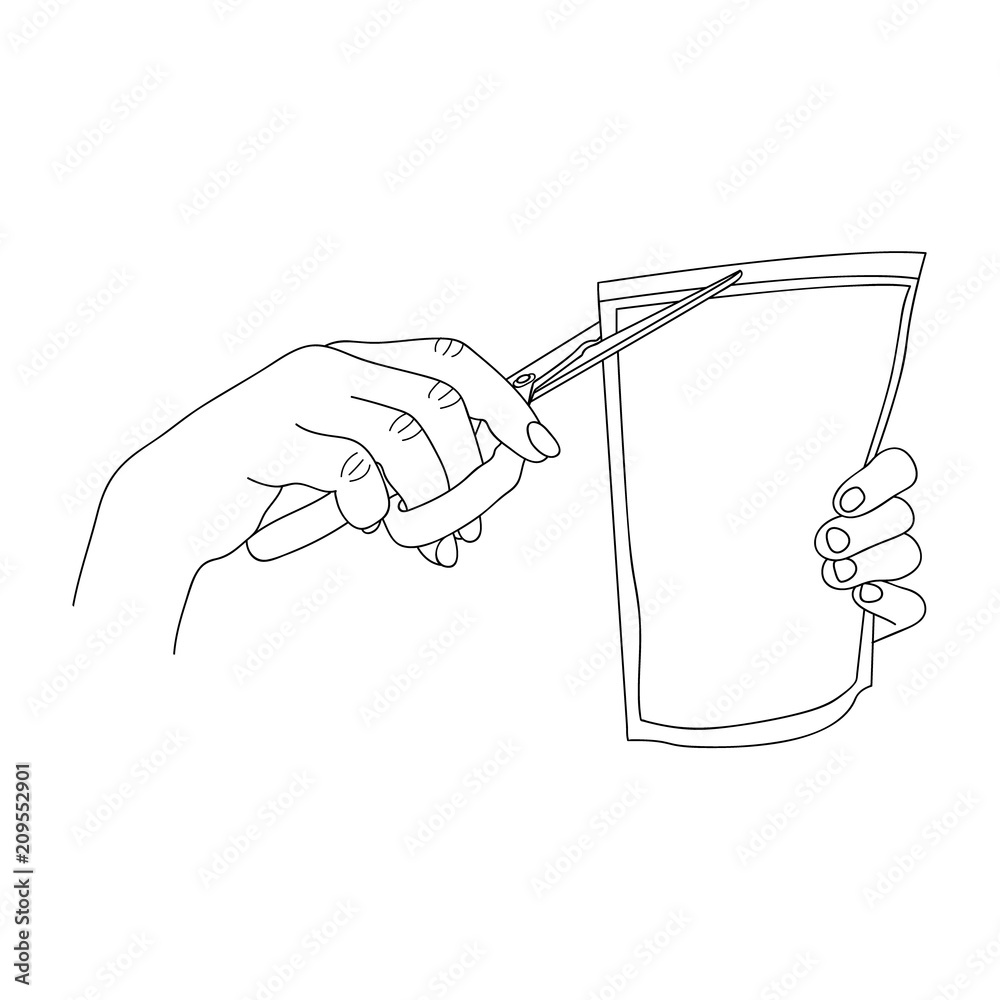 Hand with scissors cutting off the package. Open here concept. Line ...