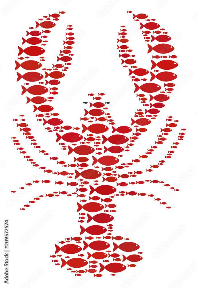 Lobster vector shape created of scattered fish icons in various sizes ...