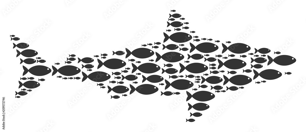 Shark vector mosaic created of scattered fish items in different sizes ...