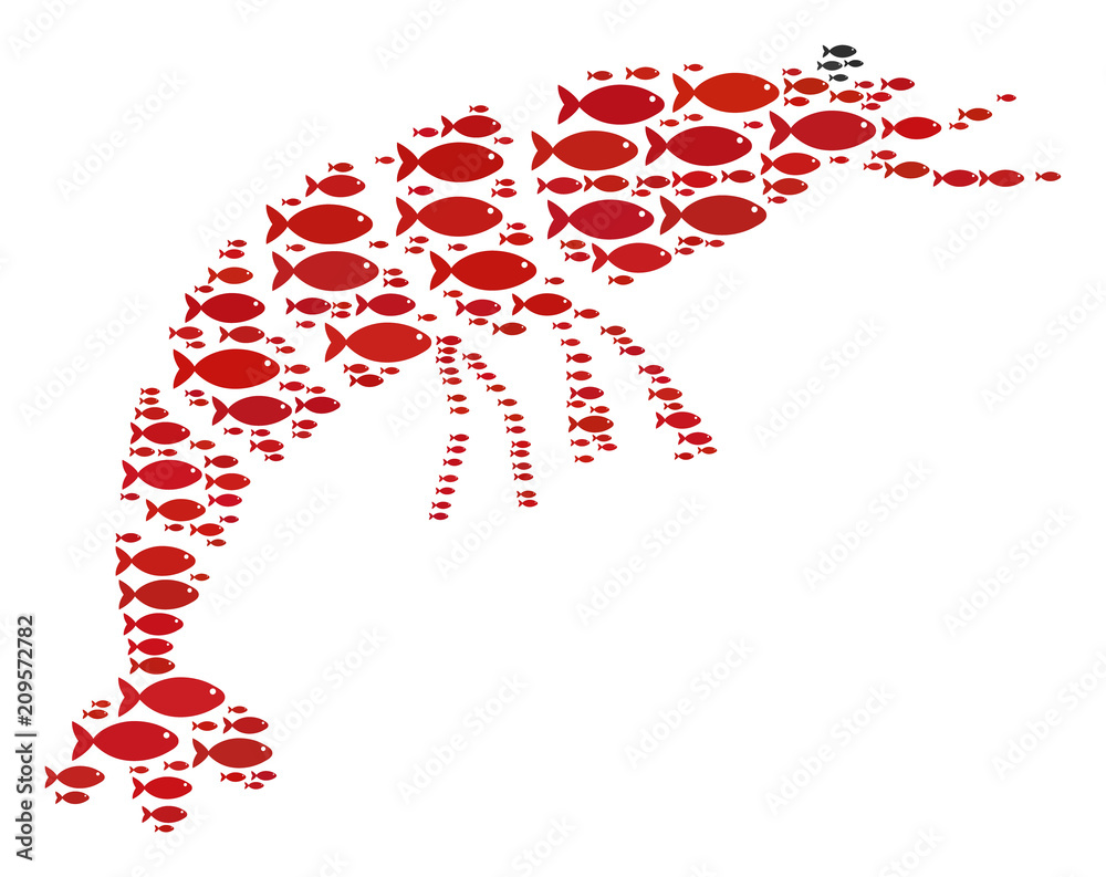 Shrimp vector shape composed with scattered fish pictograms in ...