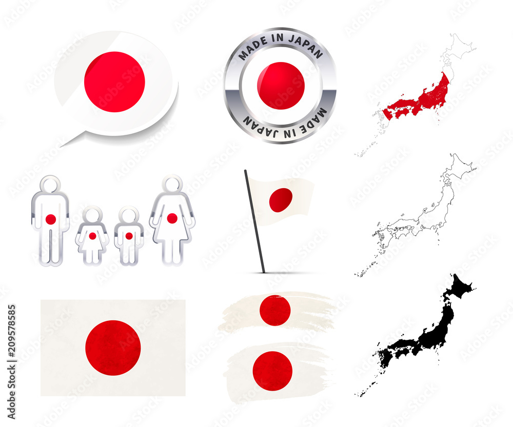 Large set of Japan infographics elements with flags, maps and badges on ...