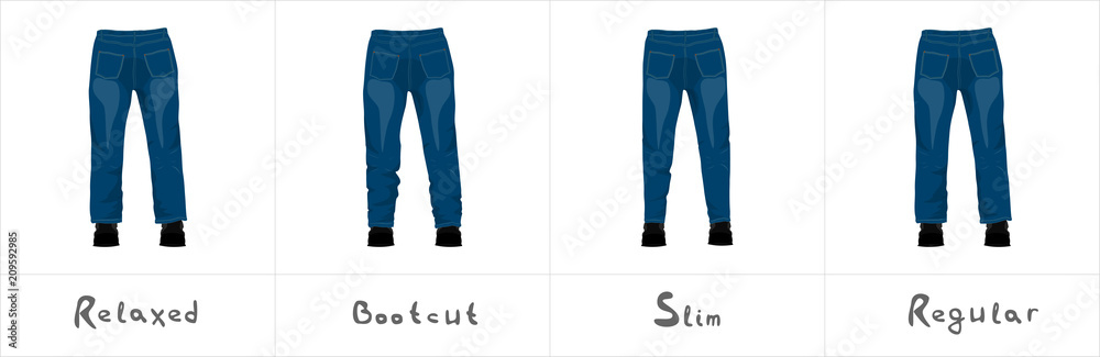 Different types of men's blue jeans back view isolated on white vector ...