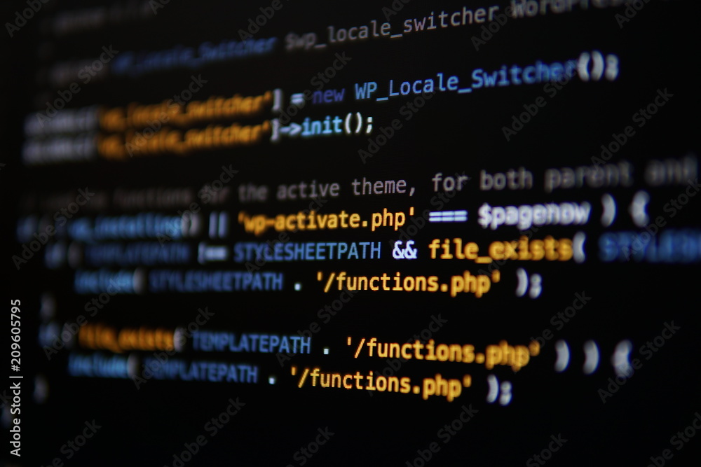 Simple website HTML code with colorful tags in browser view on dark background. Software ...