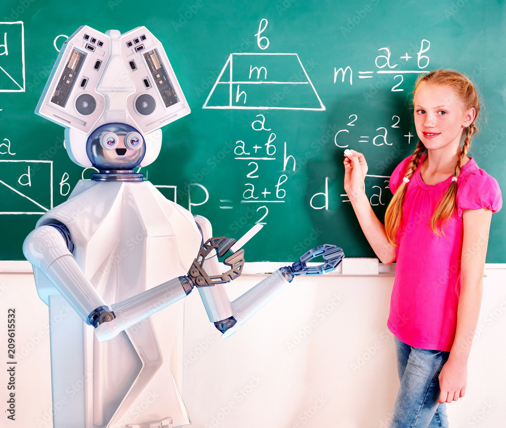 School child and ai android robot writting on blackboard in classroom ...