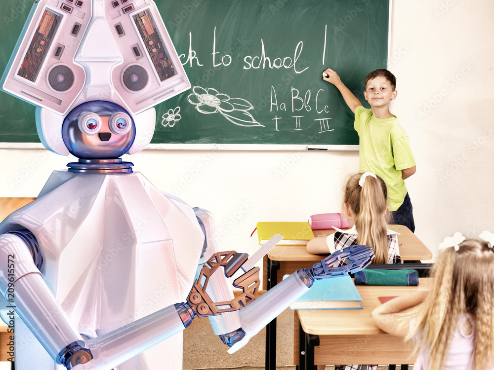 Teacher ai robot with school children girl and boy in class blackboard ...