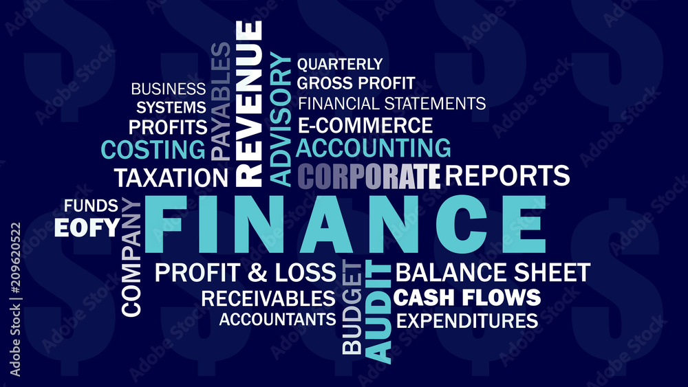 Corporate finance and accounting related words word cloud on dark blue ...