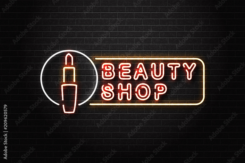 Vector realistic isolated neon sign of Beauty Shop logo with lipstick ...