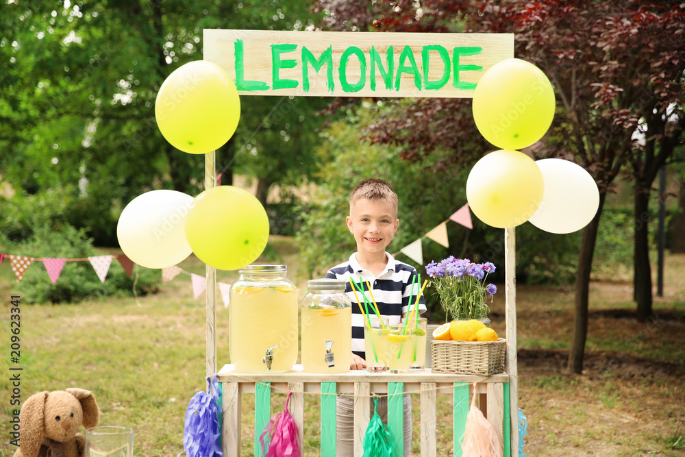 Little boy at lemonade stand in park Stock Photo | Adobe Stock