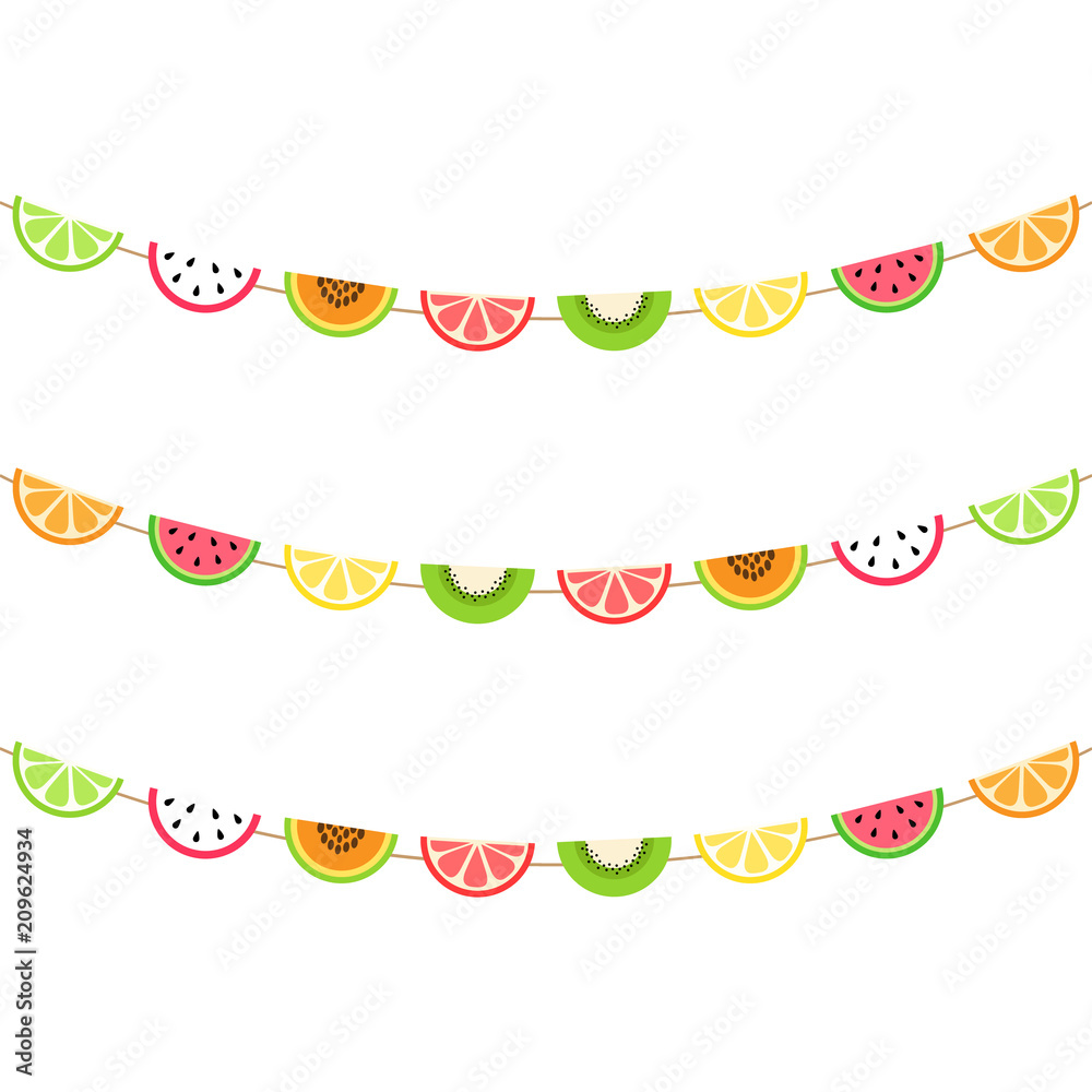 Citrus, tropical, exotic fruit vector garland. Slices of watermelon ...