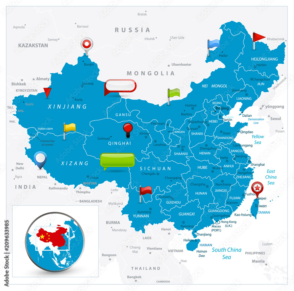 China Map and glossy icons on map Stock Vector | Adobe Stock