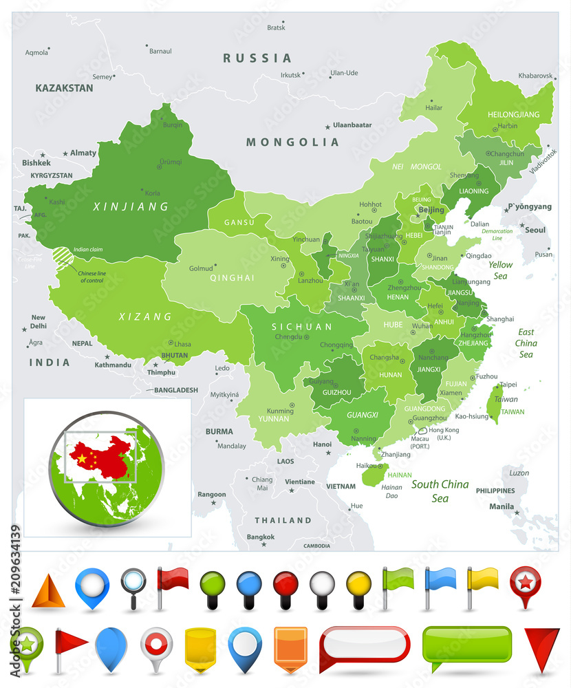 China Map Spot Green Colors and glossy icons Stock Vector | Adobe Stock