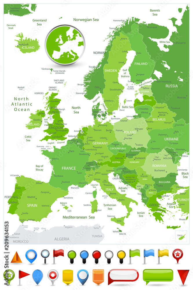 Europe Map Spot Green Colors and glossy icons Stock Vector | Adobe Stock