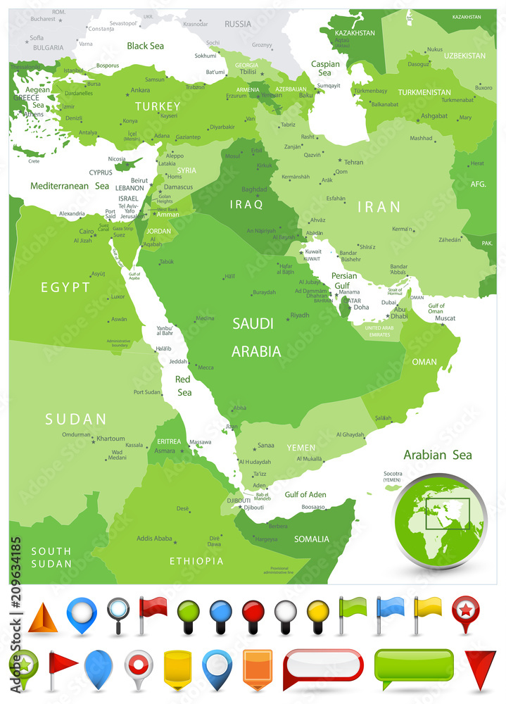 Middle East Map Spot Green Colors and glossy icons Stock Vector | Adobe ...