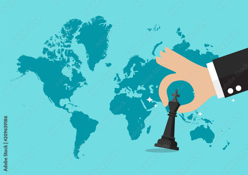 Hand holding chess figure with world map background Stock Vector ...
