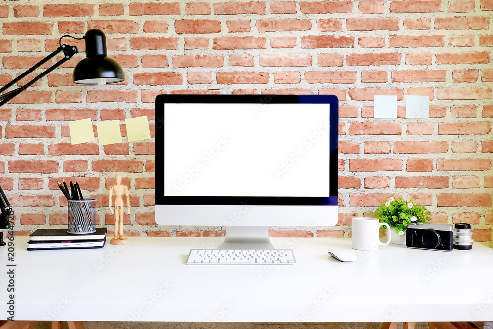 Workspace office table with Pc computer mockup display on white table ...