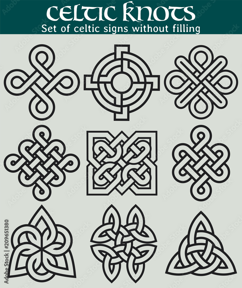 Set of celtic signs without filling. 9 symbols made with Celtic knots ...