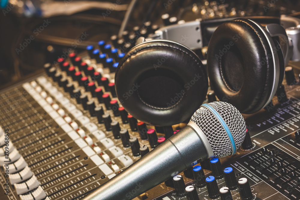 Close up instruments music background concept.Single microphone with ...