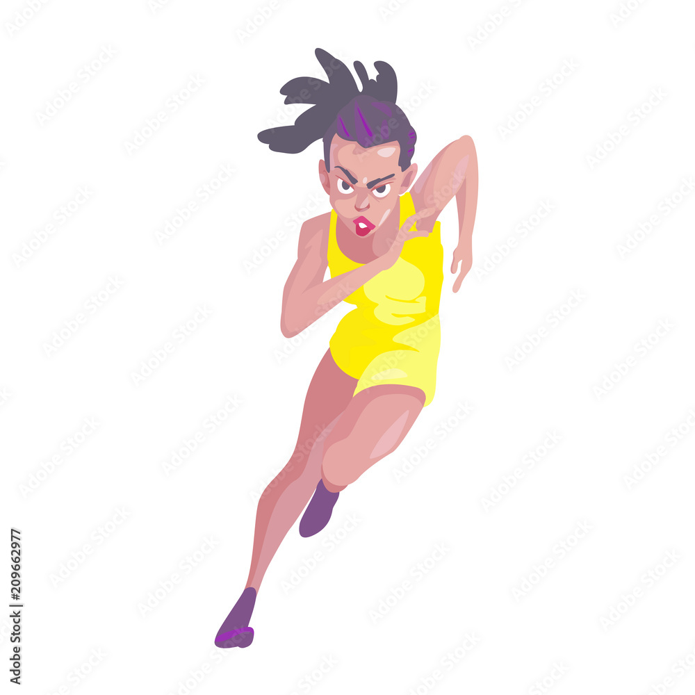 Black woman in a yellow sport suit runs on a white background Stock ...