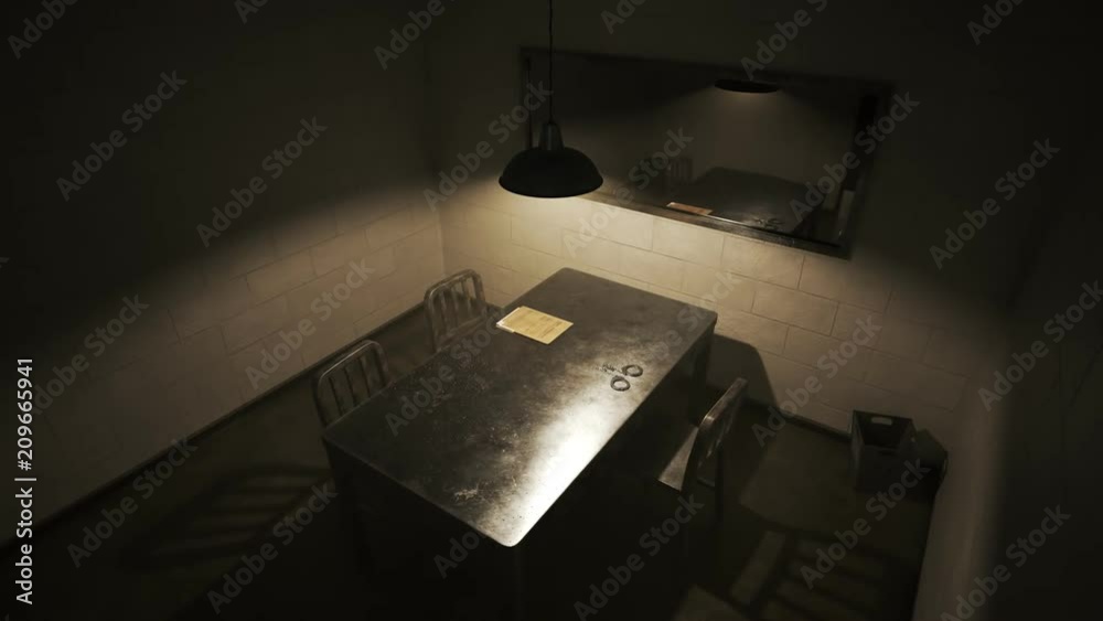 Dark, empty interrogation room seen through the one-way mirror ...