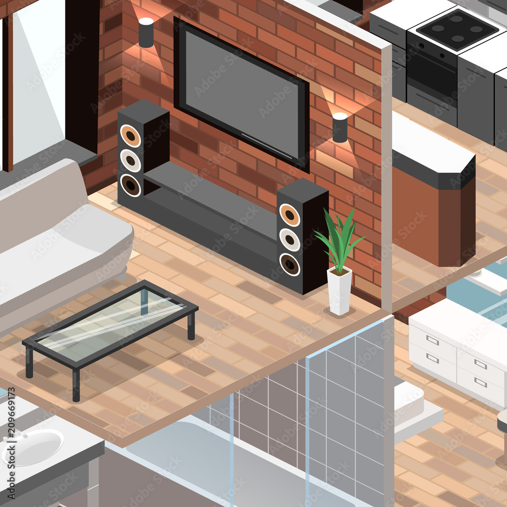 flat 3D isolated concept vector cutaway interior Living room interior ...