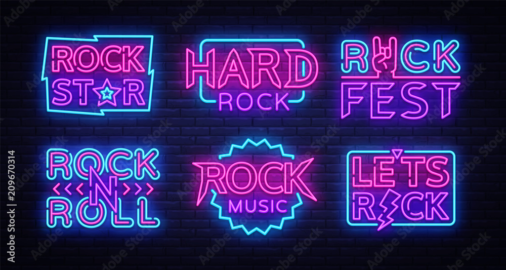 Rock Music Neon Signs Collection Vector. Design template neon signboard ...